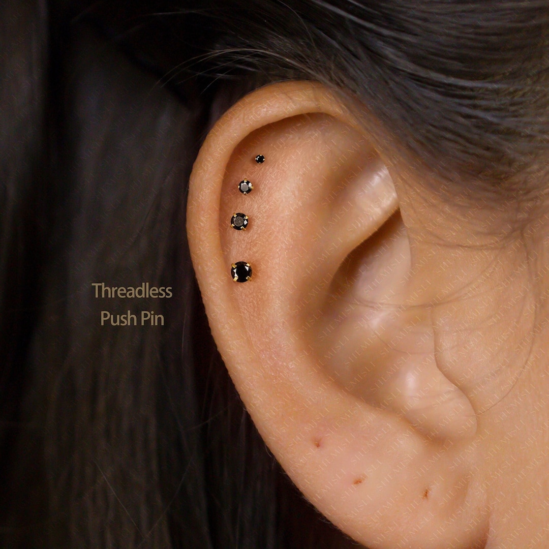 Tiny Black Stone Threadless Flat Back Earring, 20,18,16ga, 5-10mm ...