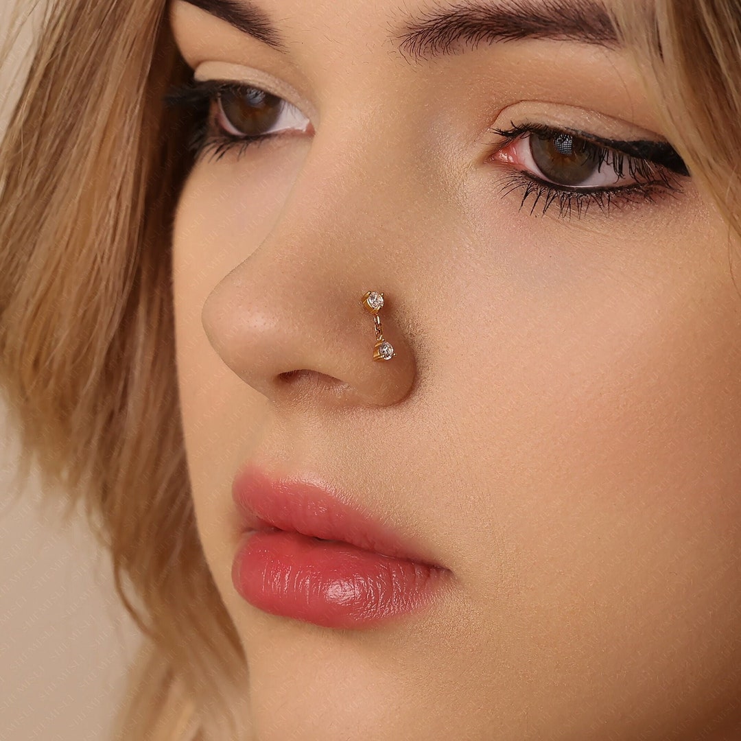 Tiny Dangle 2 Gems Threadless Flat Back Nose Stud, 20,18,16ga, 5-10mm ...