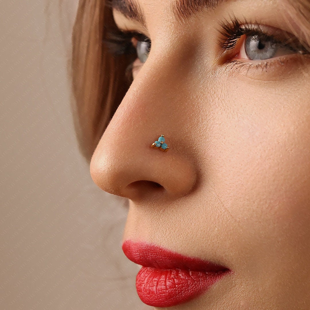 Tiny 3-petal Turquoise Flower Threadless Flat Back Nose Stud, 20,18 ...
