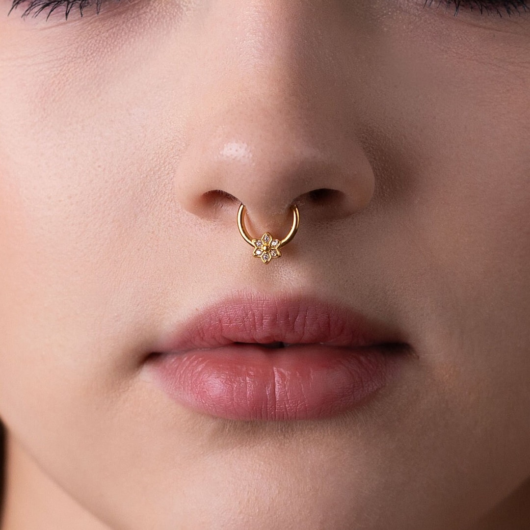 Tiny Flower Septum Ring, Nose Ring, Daith Ring, Hinged Clicker Hoop ...