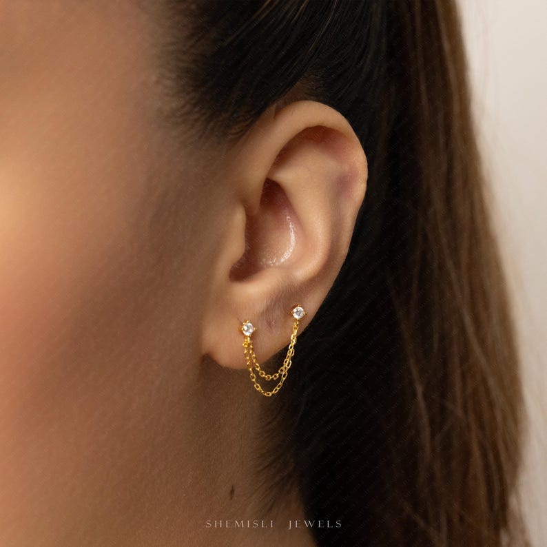 Chain Studs for Double Piercing, Two Piercings Jewelry, Unisex, Gold ...