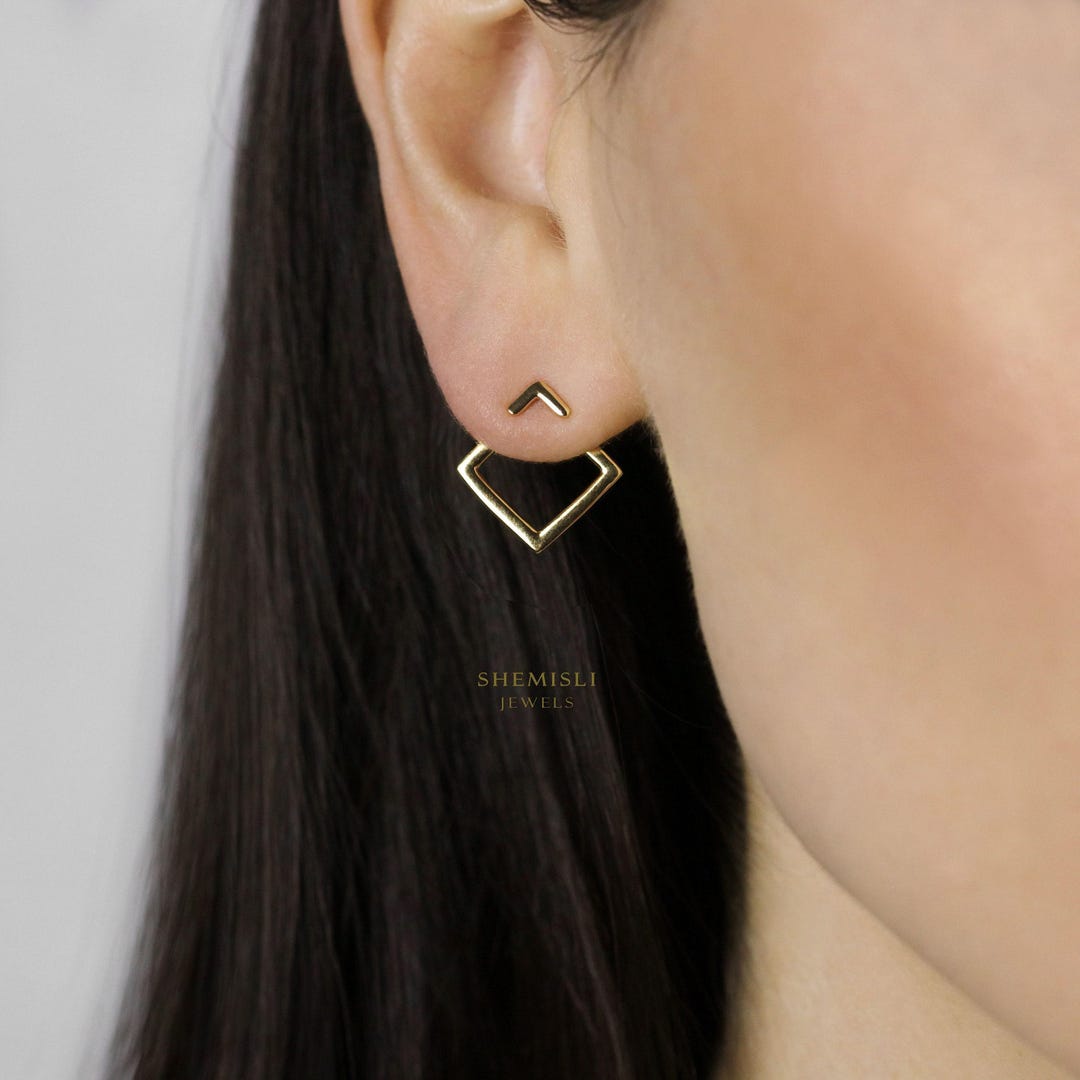 Rhombus Shape Ear Jacket, Geometric Square Front and Back Earrings ...