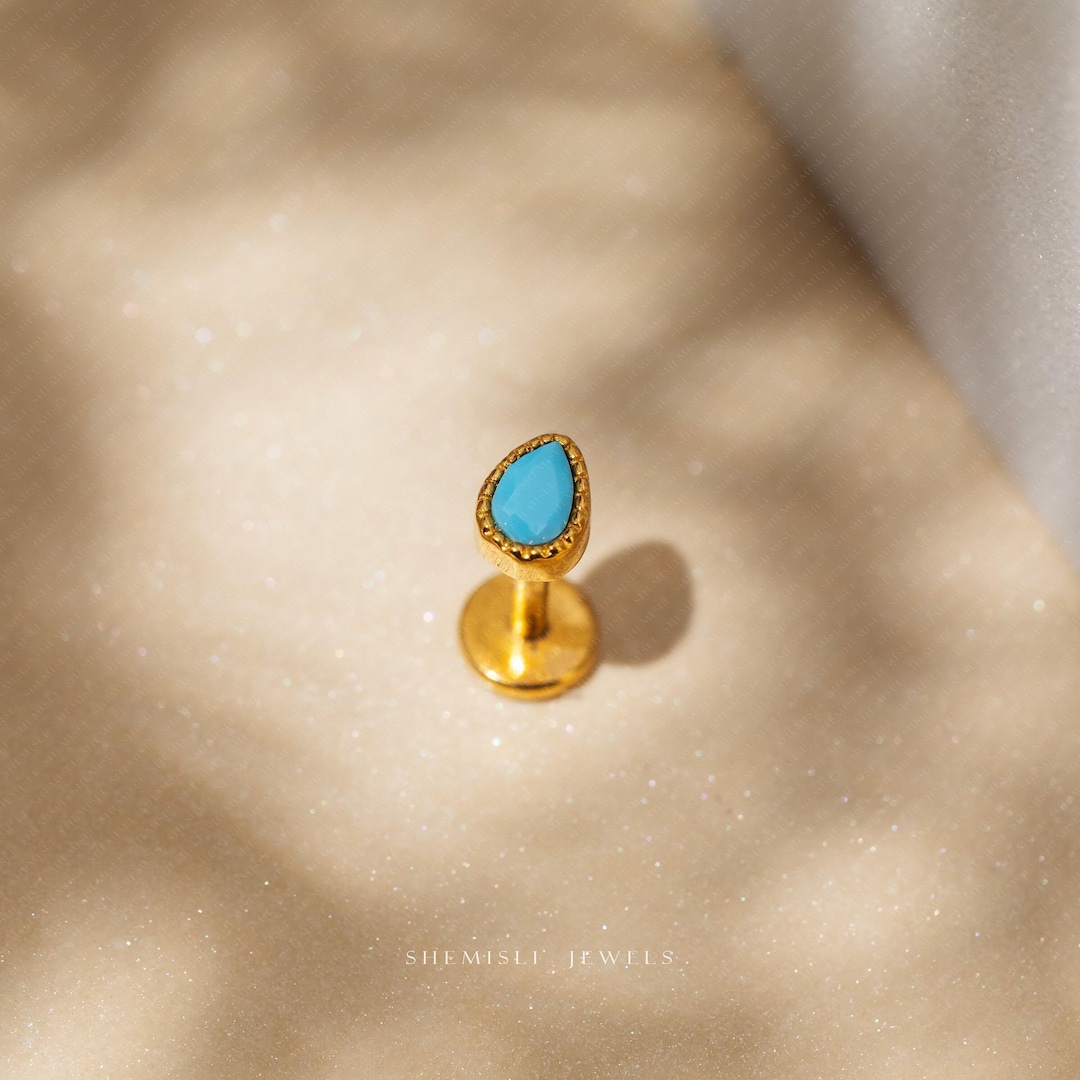 Tiny Teardrop Turquoise Threadless Flat Back Lip Labret Stud, 18,16ga ...