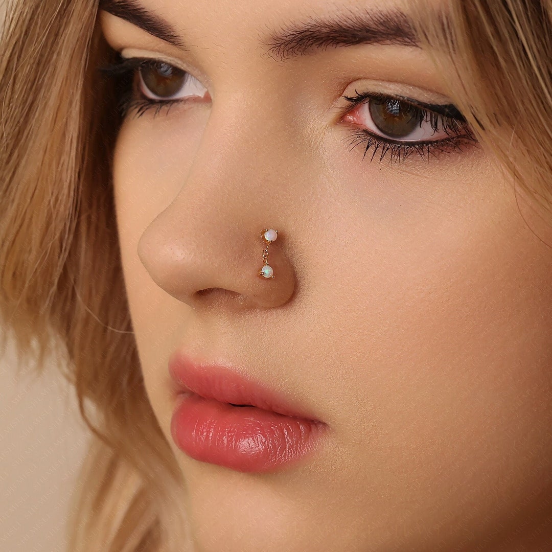 Tiny Dangle 2 Opal Stones Threadless Flat Back Nose Stud, 20,18,16ga, 5 ...