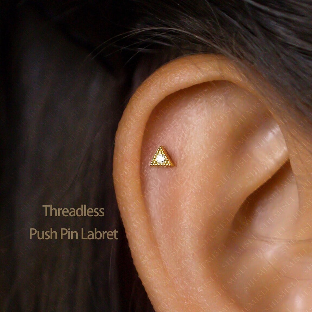 Tiny White Stone Triangle Threadless Flat Back Earrings, 20,18,16ga, 5 ...