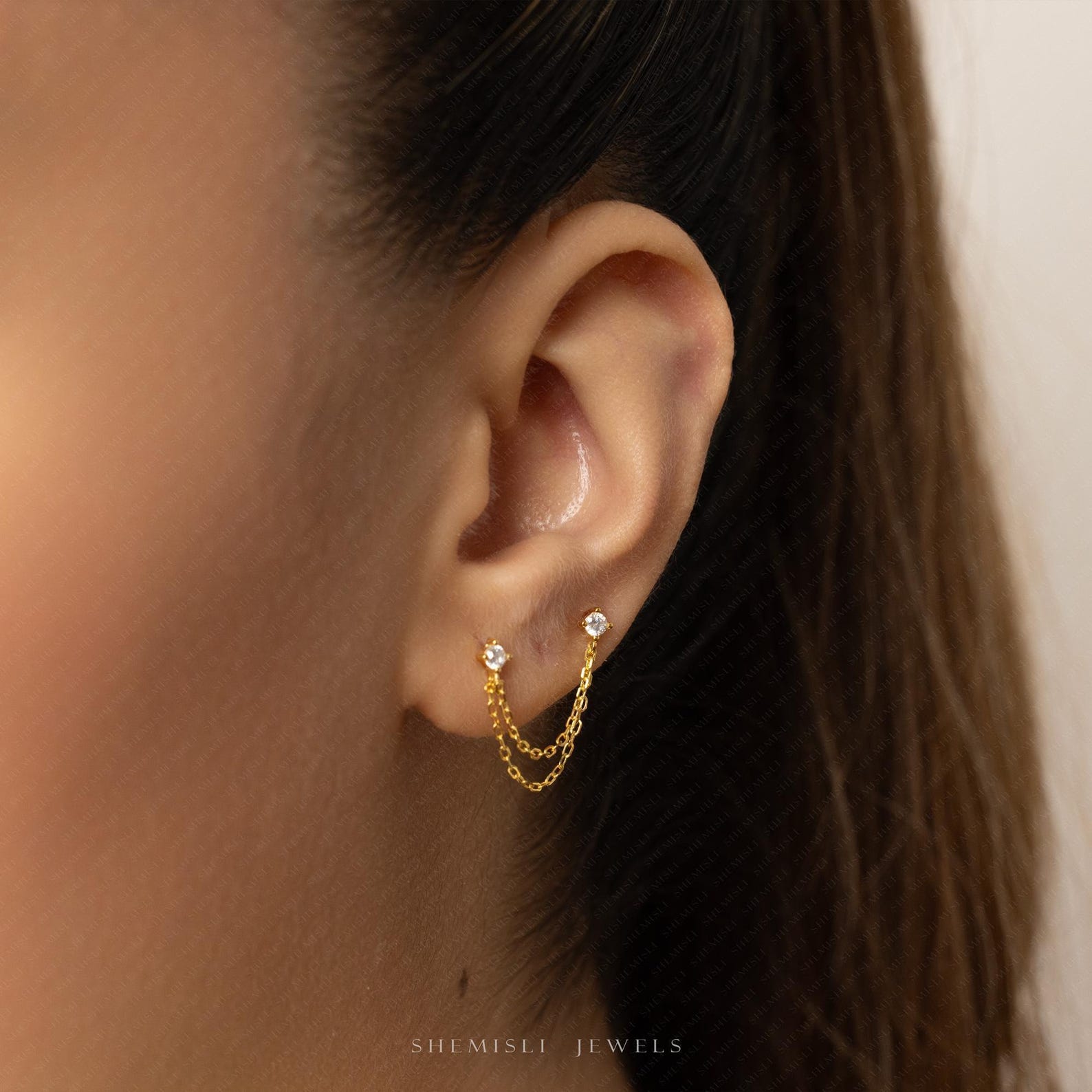 Double Piercing Chain Stud, Earring, Minimalist Style, A-SS1333 - Etsy