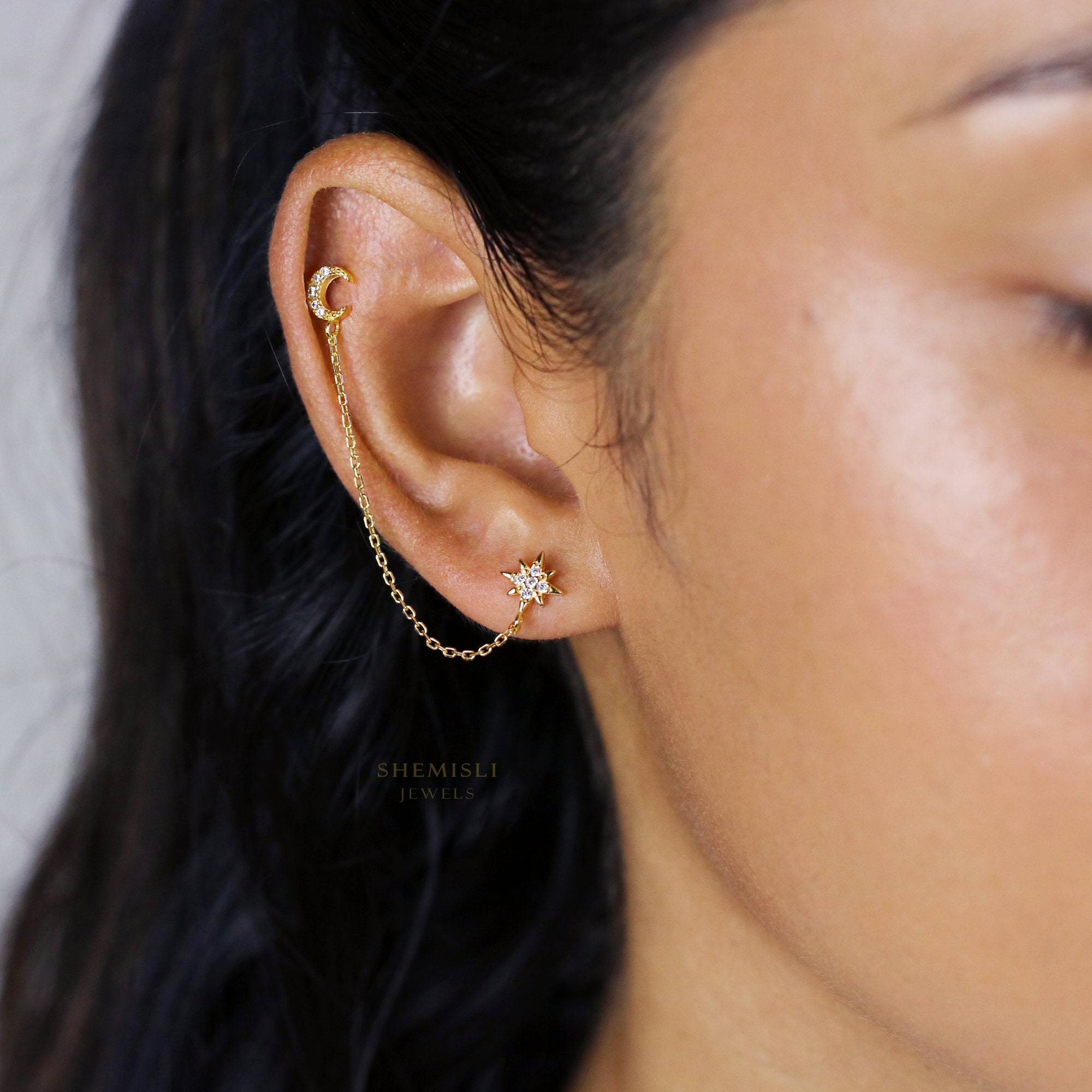 Moon and Star Studs for Two Piercings Starburst Studs Gold - Etsy