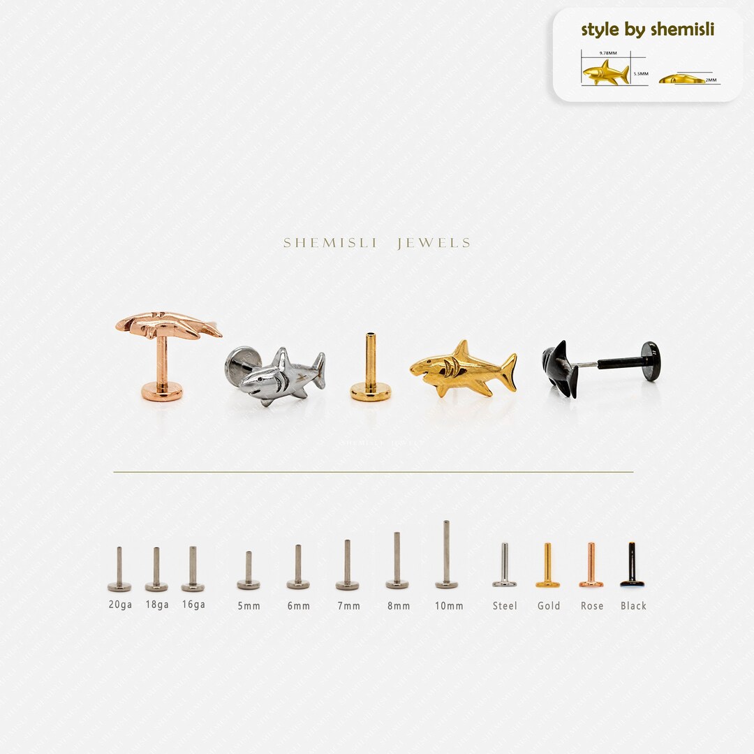 Dainty Shark Threadless Flat Back Earrings, 20,18,16ga, 5-10mm Surgical ...