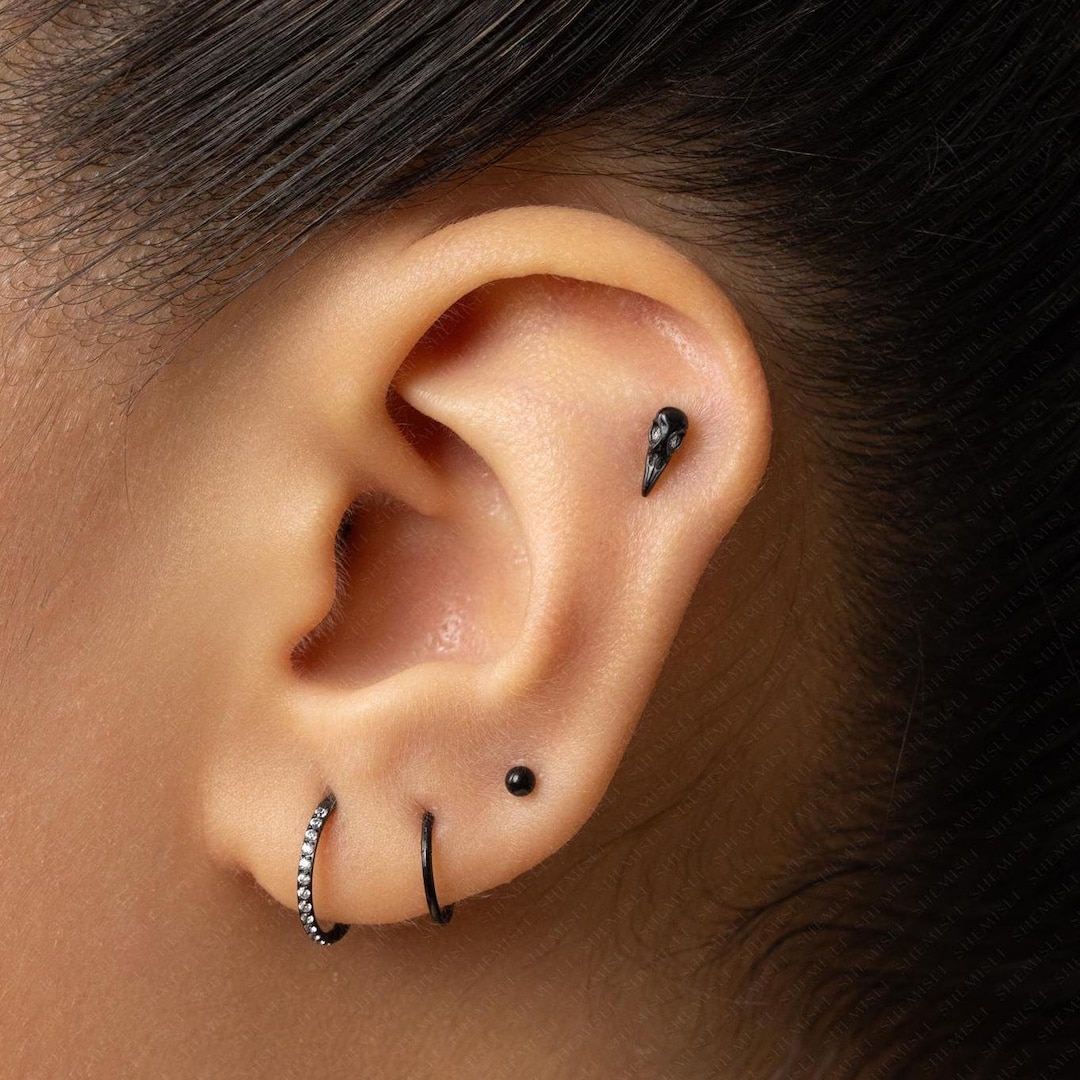 Tiny Black Raven Crow Skull Threadless Flat Back Earrings, Gold, Steel ...