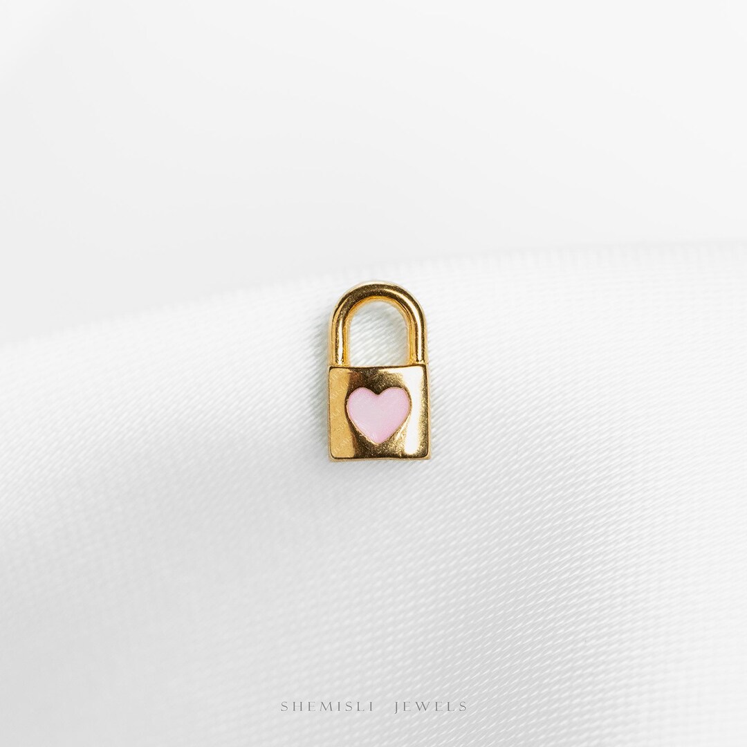 Tiny Padlock With Pink Heart Threadless Flat Back Earring, Lock Jewelry ...