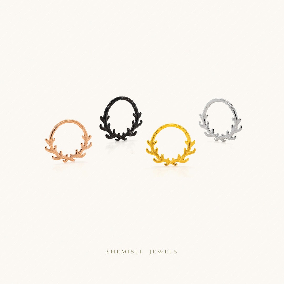Dainty Branch Leaf Septum Ring, Nose Ring, Daith Ring, Hinged Clicker ...
