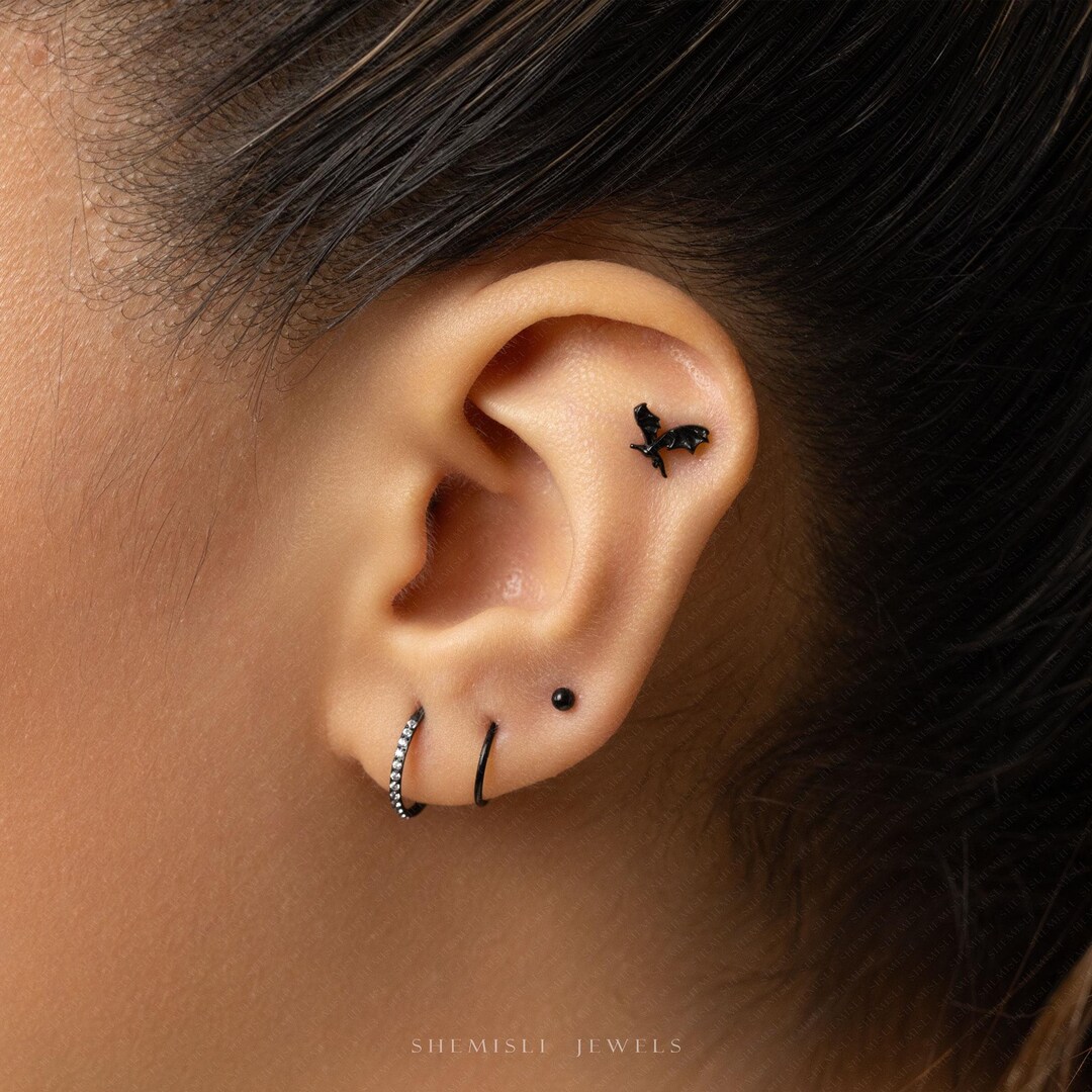 Tiny Black Flying Dragon Threadless Flat Back Earring, Gold, Steel ...