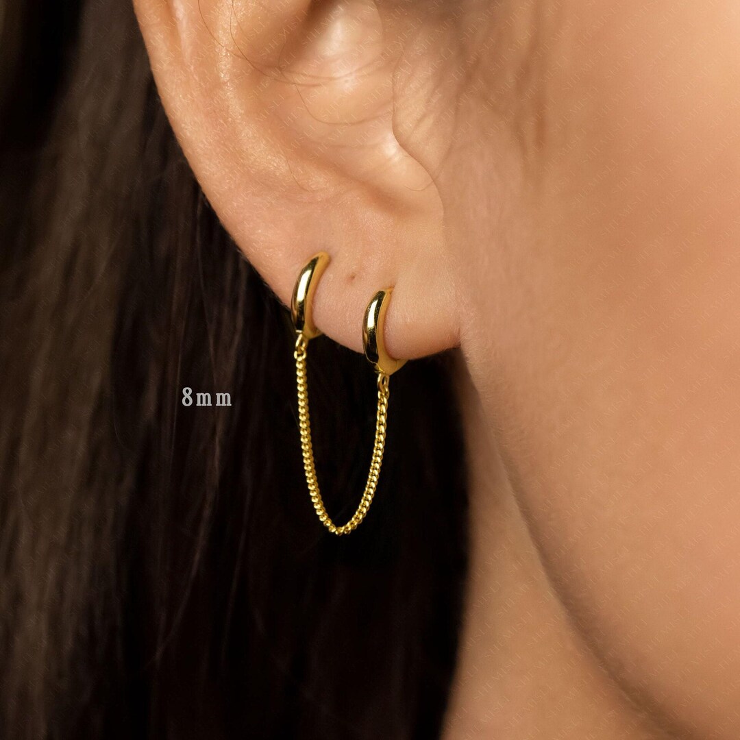 Double Hoop Earring With Chain for Two Piercings, Huggies, Unisex, Gold ...