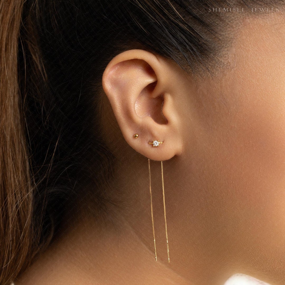 Simple Gem Ear Threader for Two Piercings, Two Lobe Earrings Jewelry ...