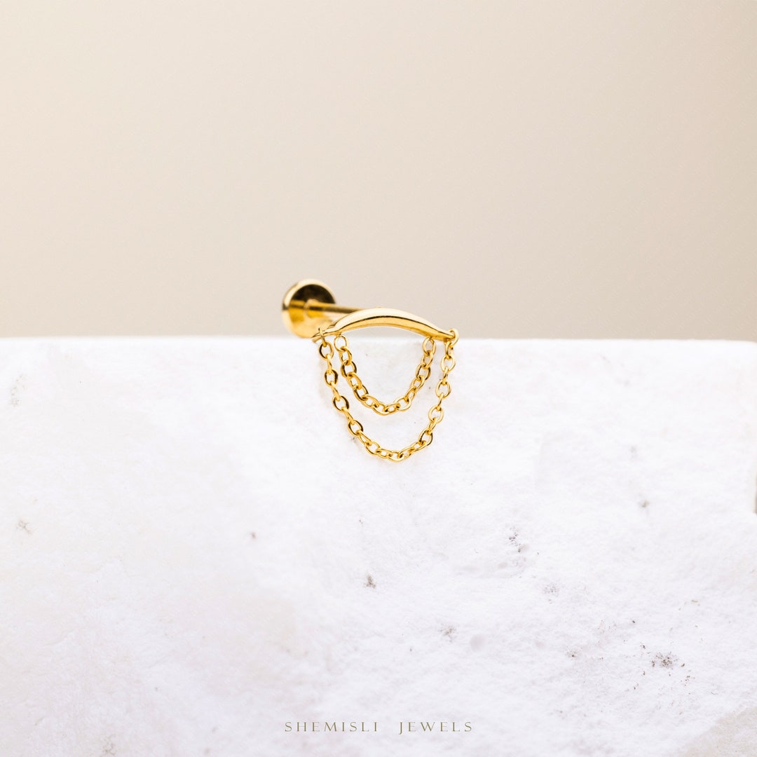 Tiny Double Dangle Chain Threadless Flat Back Earring, 20,18,16ga, 5 ...