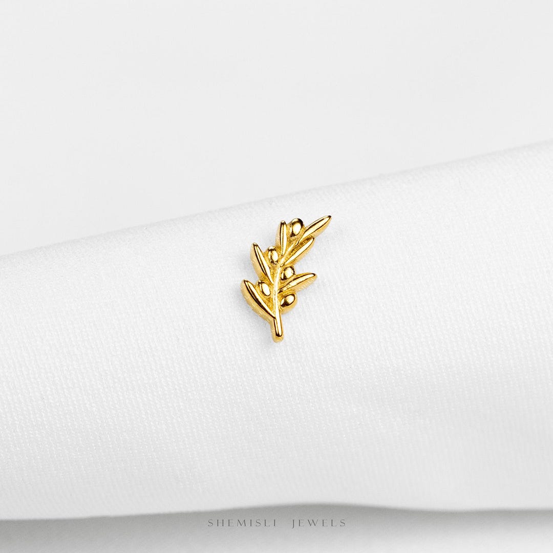 Tiny Olive Tree Branch With Leaves Stud Earring, Threadless Flat Back A ...