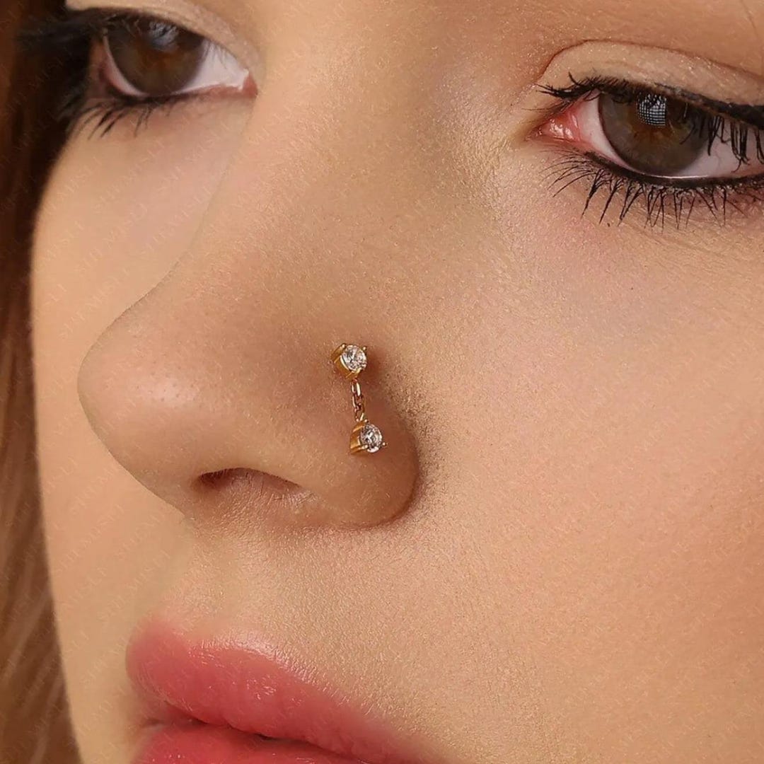 Dangle 2-gems Nose Stud, Threadless Flat Back, Minimalist Style, A ...