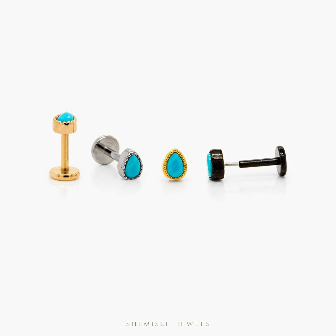 Tiny Teardrop Turquoise Threadless Flat Back Earrings, 20,18,16ga, 5 ...