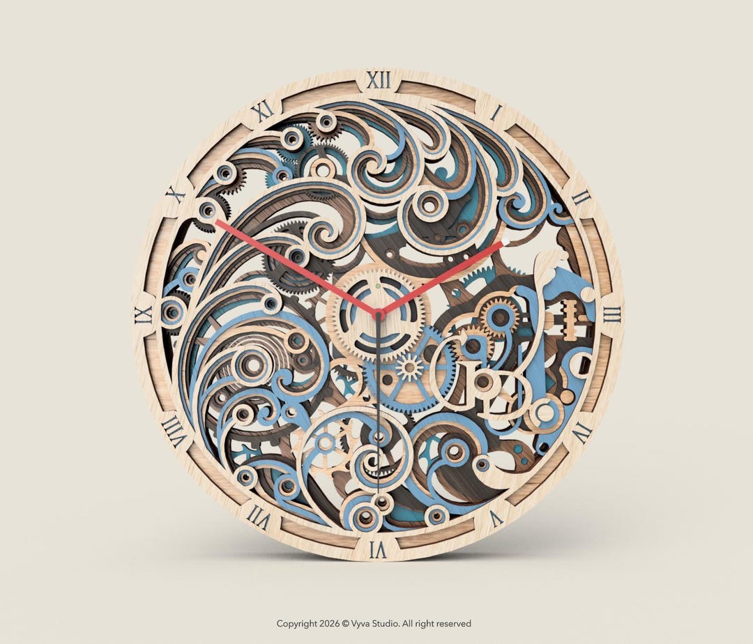 3D Layered Wall Clock Laser Cut File With Flowing Curves & Steampunk ...