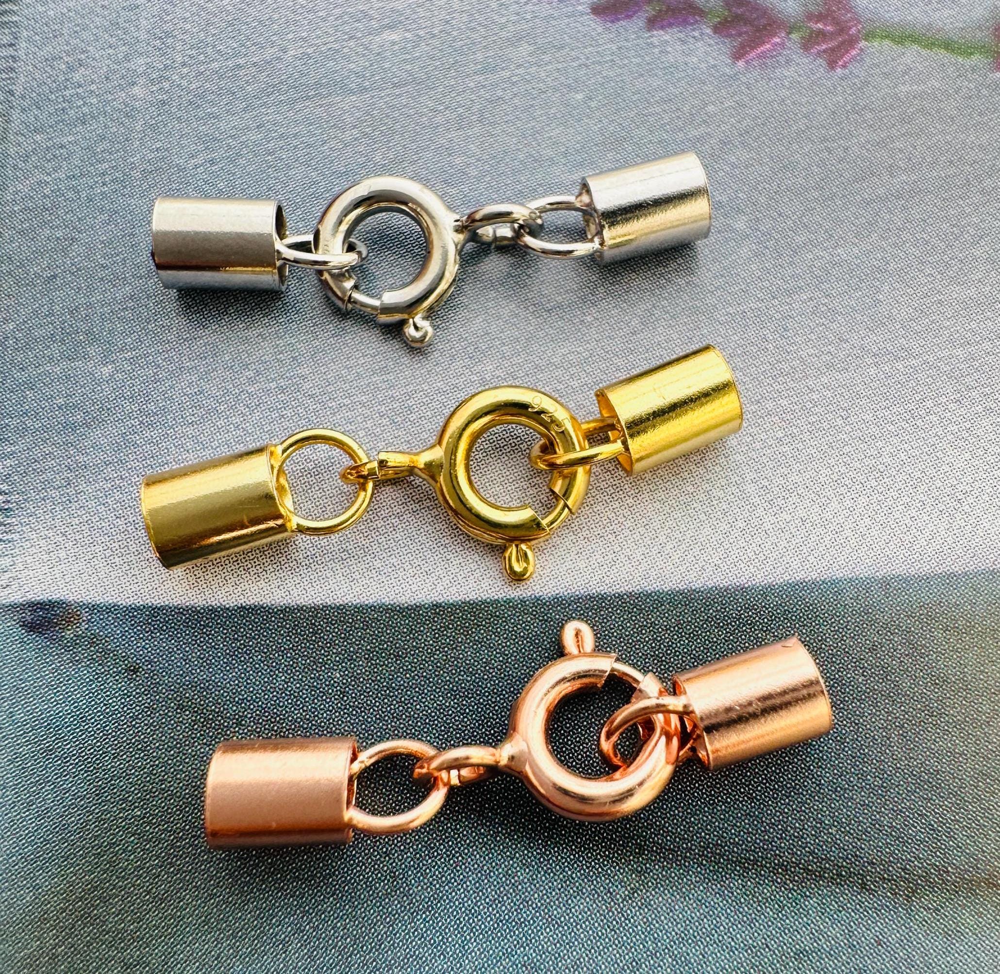 1 Set, Sterling Silver Spring Clasp With Crimp End Cap: 1-4mm Cord Ends ...