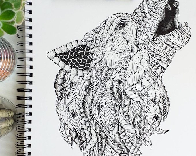 Zentangle Wolf Art Print- Animal , Mandala, Illustration, Geometric ...