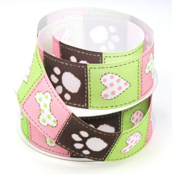 1 1/2 Dog Bone Ribbon Paw Print Ribbon Heart on Pink | Etsy