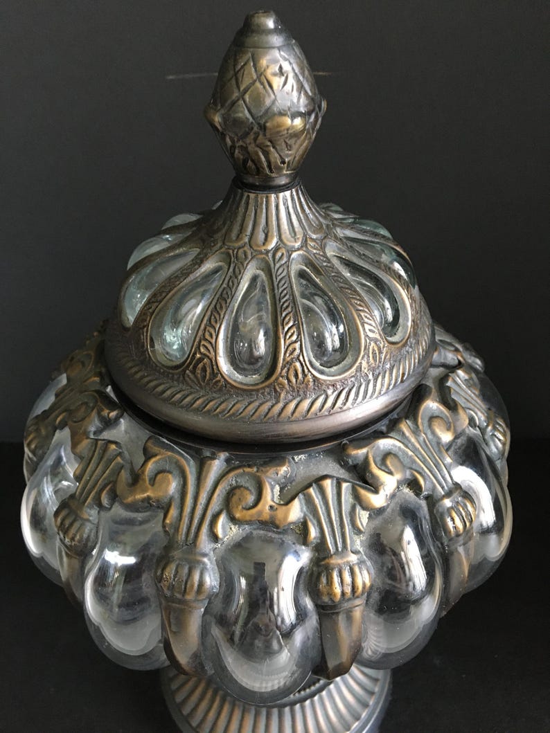 Vintage Hand Blown Bubble Glass & Brass Lidded Jar Container 11.5” X 6. ...