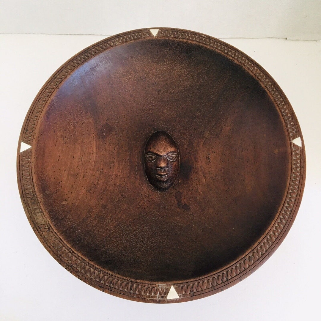 Vintage Kava Bowl Hand Carved Wood With Inlay Face Carved in the Center ...