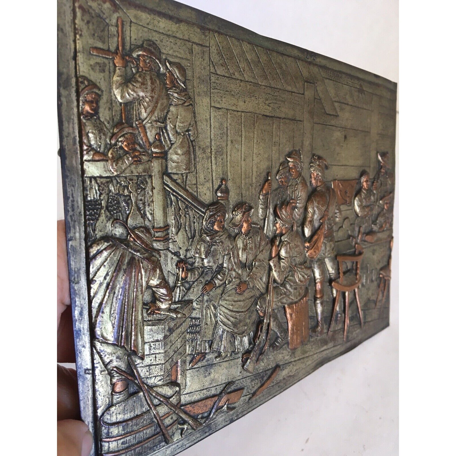 Vintage Art Metal Relief Plaque 1800's Travelers Inn Scene 8.5" X 6.5 ...