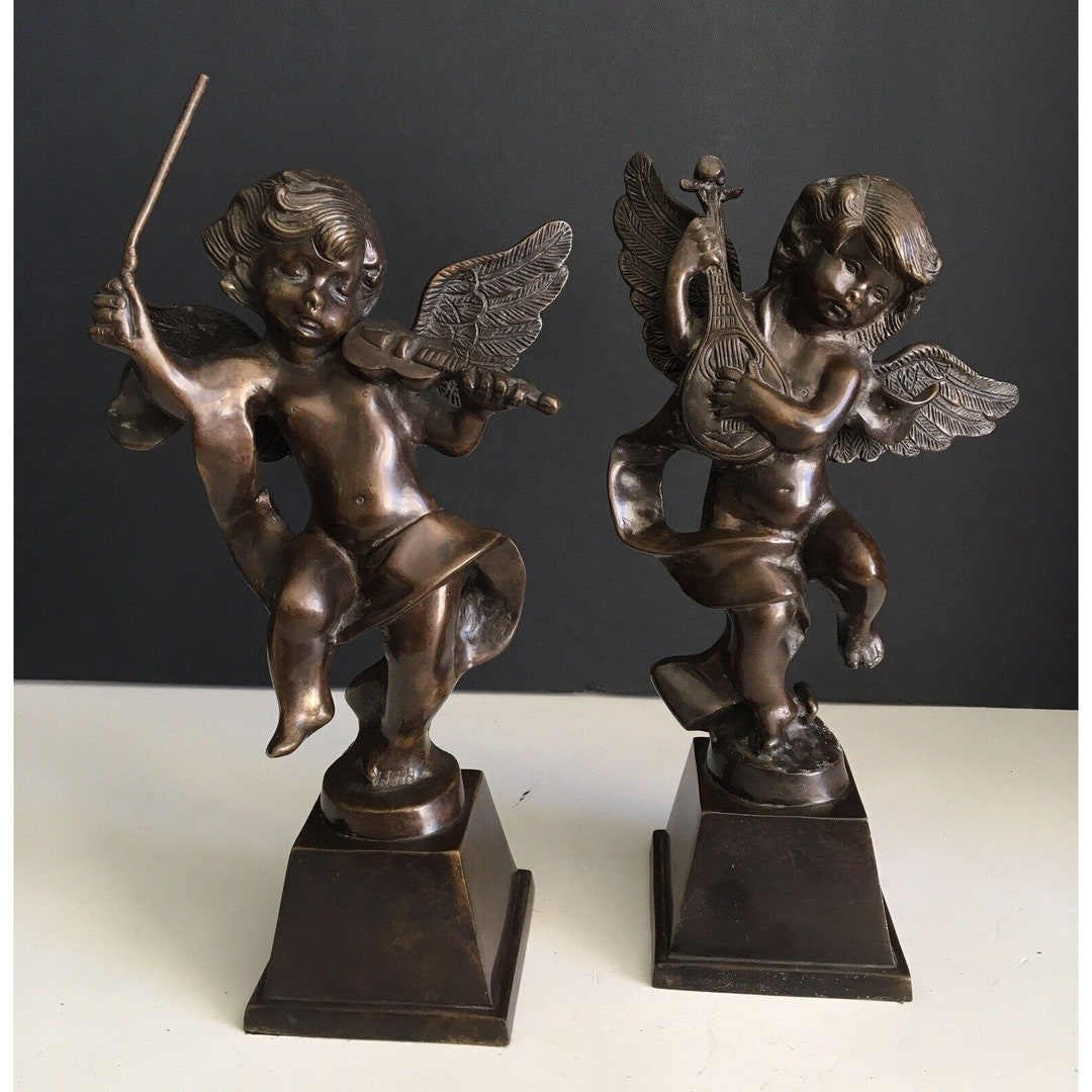 Pair of Cherub Musicians Brass or Bronze Sculptures Approx. 11" Violin ...