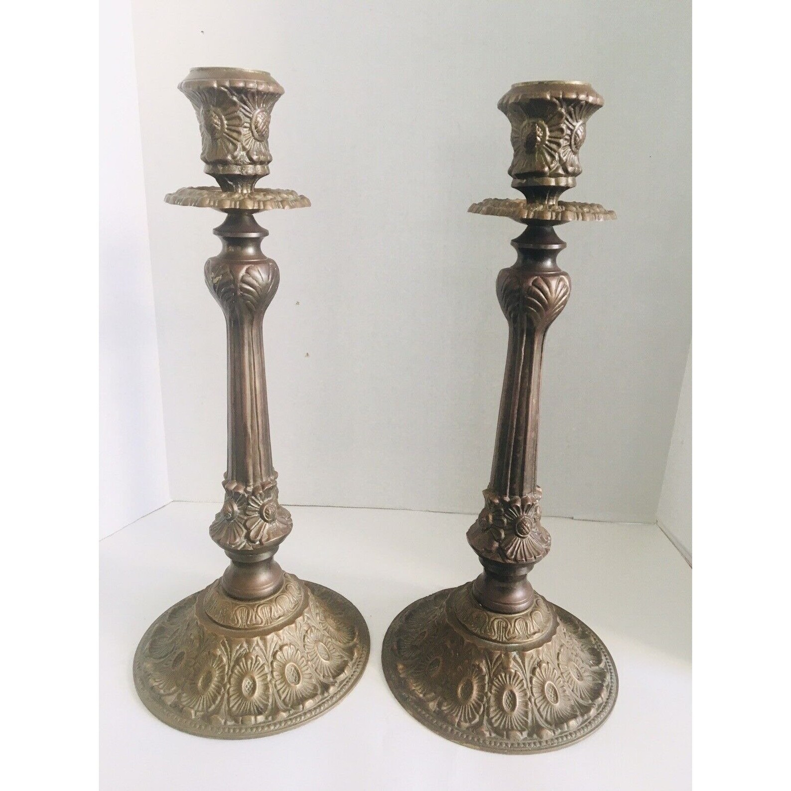 Vintage Solid Brass Floral Design Candle Sticks 19" Tall Very Heavy ...