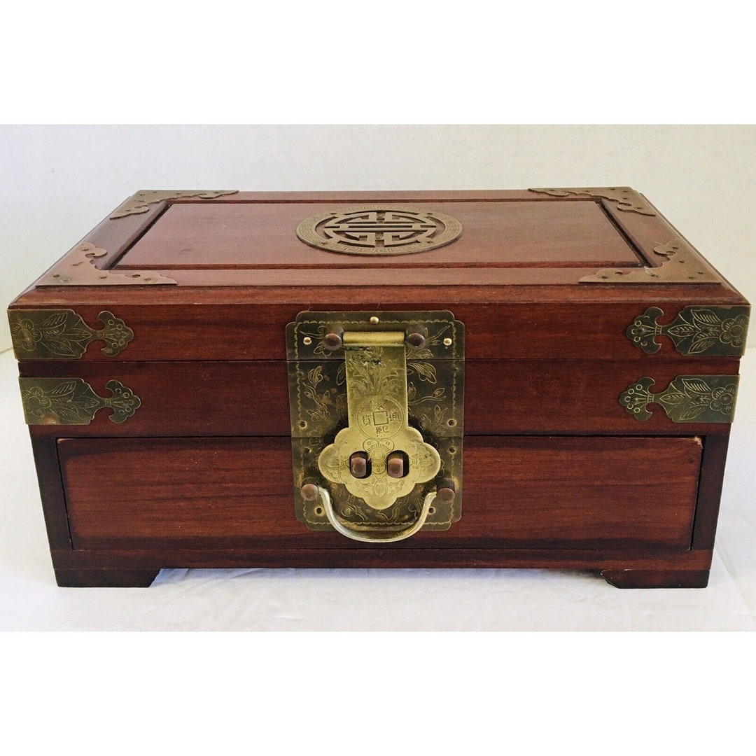 Vintage Chinese Rosewood Hongmu Jewelry Dresser Box With Oranate Brass ...