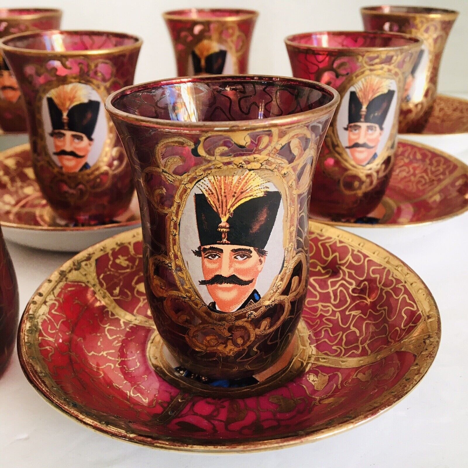 Vintage Persian Qajar Cranberry Color Tea Glasses & Saucers 12 Cups 10 ...