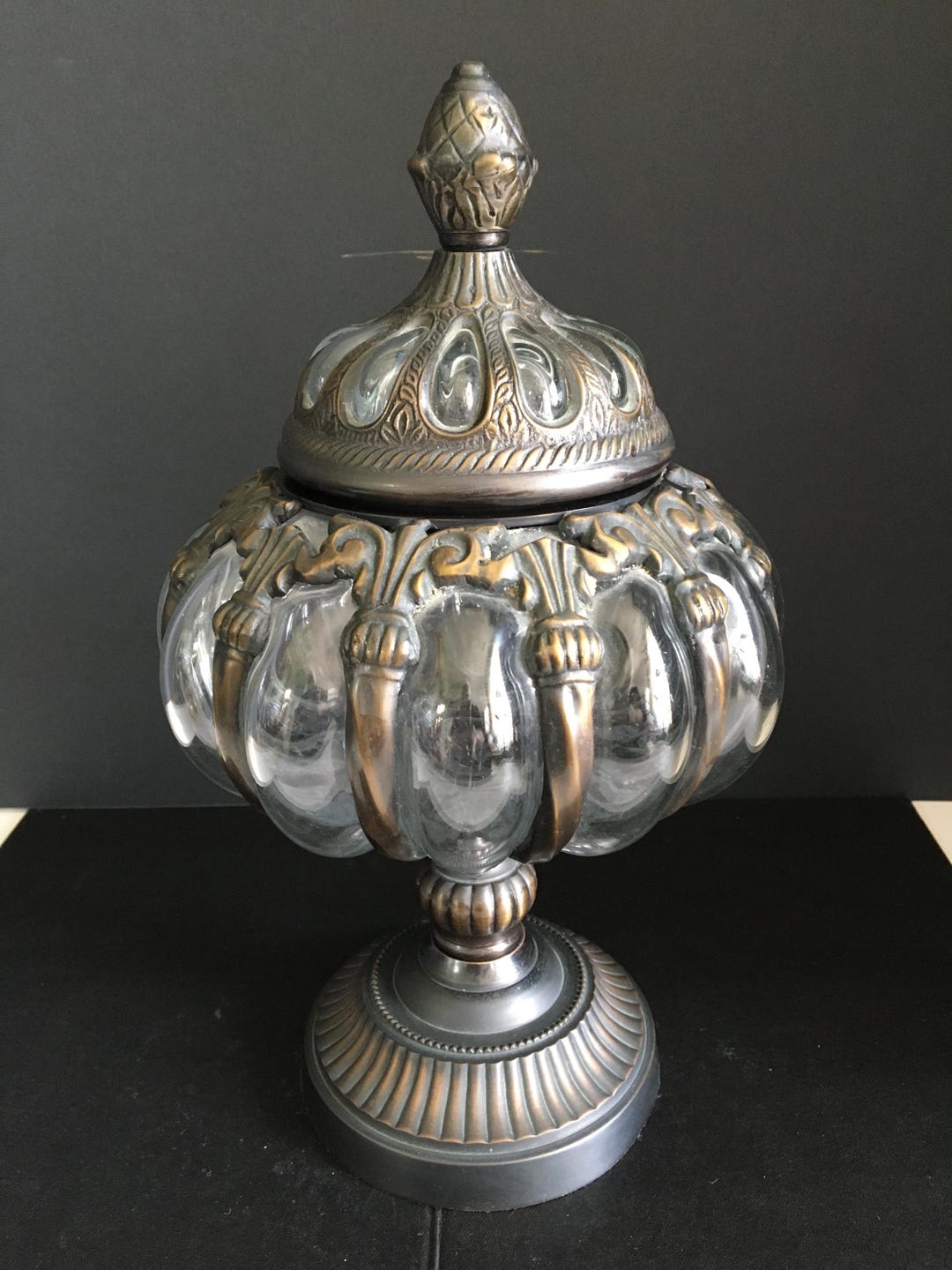 Vintage Hand Blown Bubble Glass & Brass Lidded Jar Container 11.5” X 6. ...