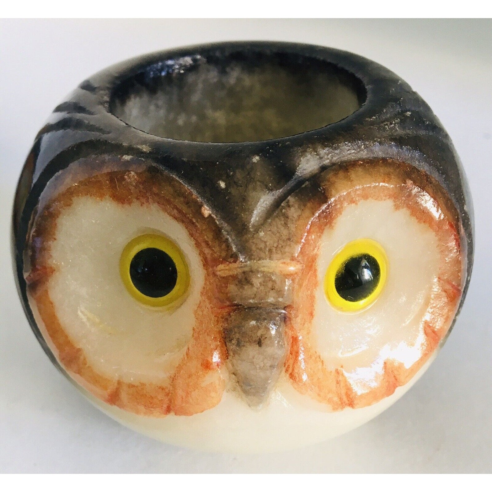 Vintage Alabaster Owl Hand Carved Nesting Tea Light Holder & Ashtray ...