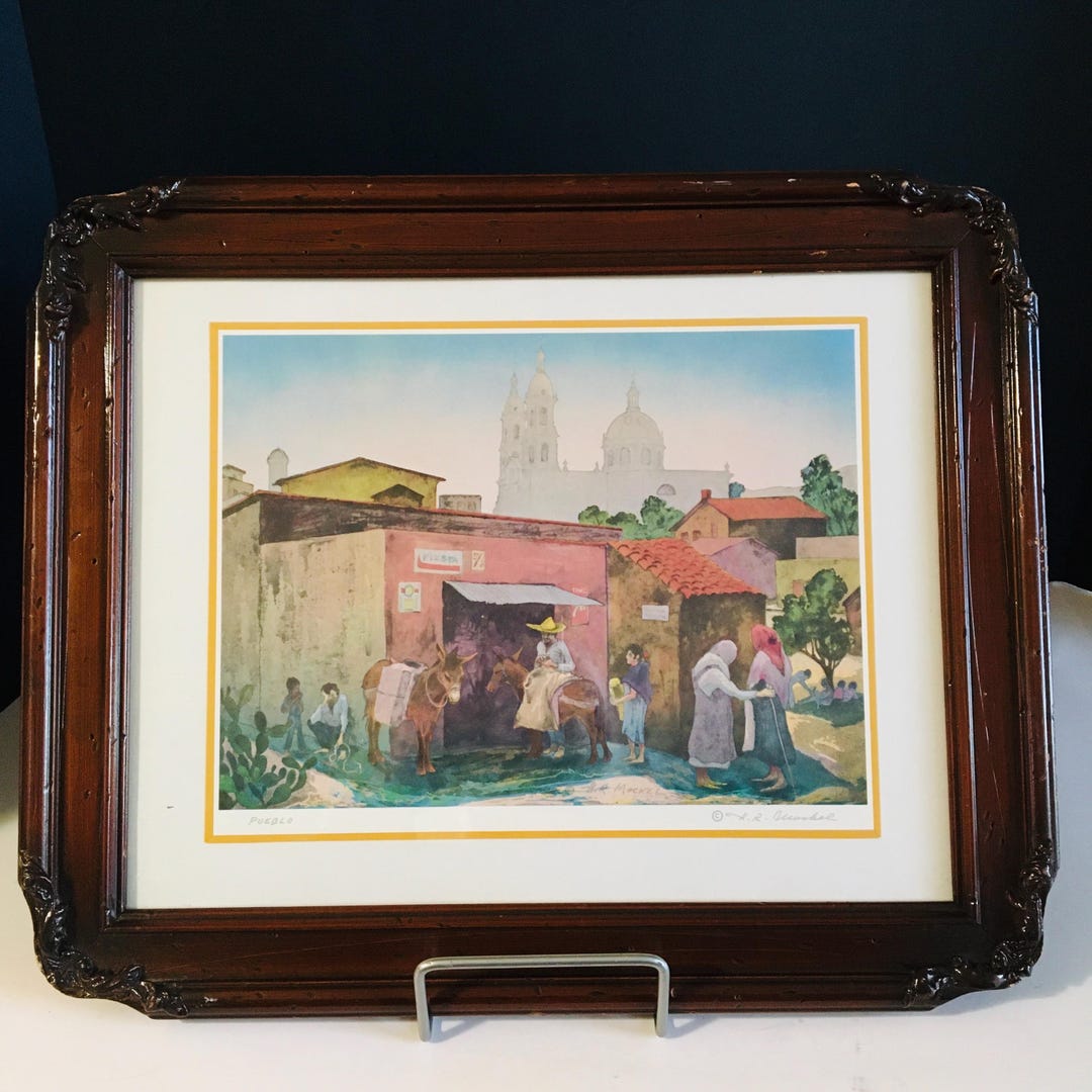 Vintage H R Mockel Color Watercolor Lithograph Titled "pueblo" Framed ...