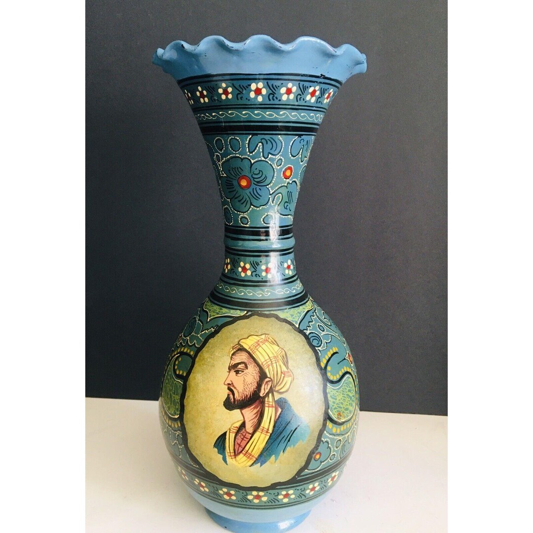 Vintage Persian Hand Painted Ceramic Vase Poet Saadi Shirazi Blue 14.5 ...