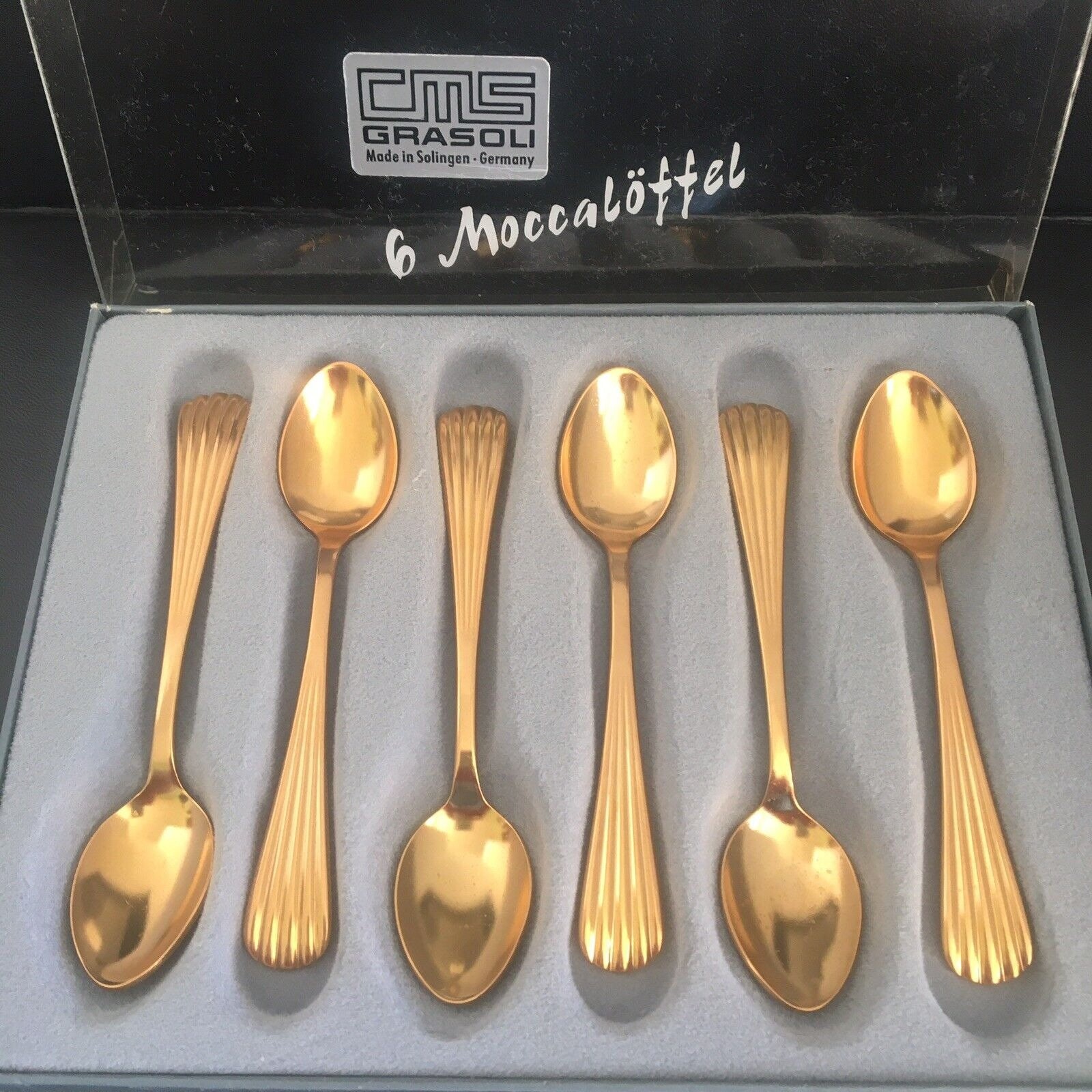 Vintage CMS Grasoli Solingen Germany Box of 6 Demitasse Spoons Gold ...