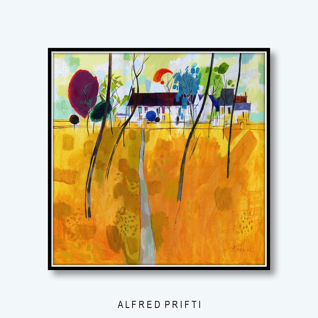 Fall Landscape With a Farm House Ochre Field With Fall Trees - Etsy