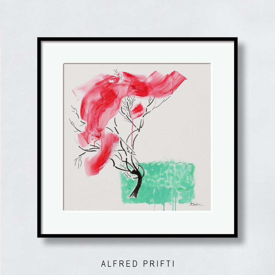 Print of Acrylic Landscape, 16x16 Autumn Tree Print, Red Green Black ...