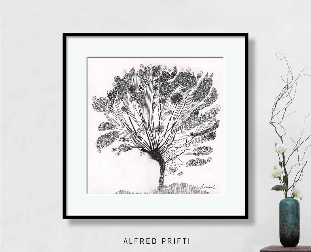 Original Landscpae Drawing 8X8 Tree Ink Drawing, Small Drawing, Line ...