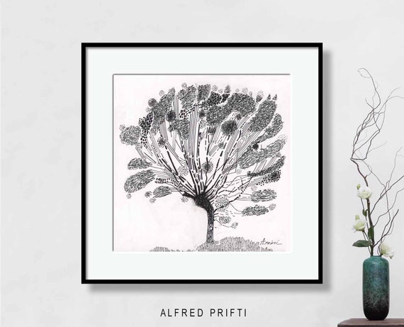 Original landscpae drawing 8X8 tree ink drawing small | Etsy