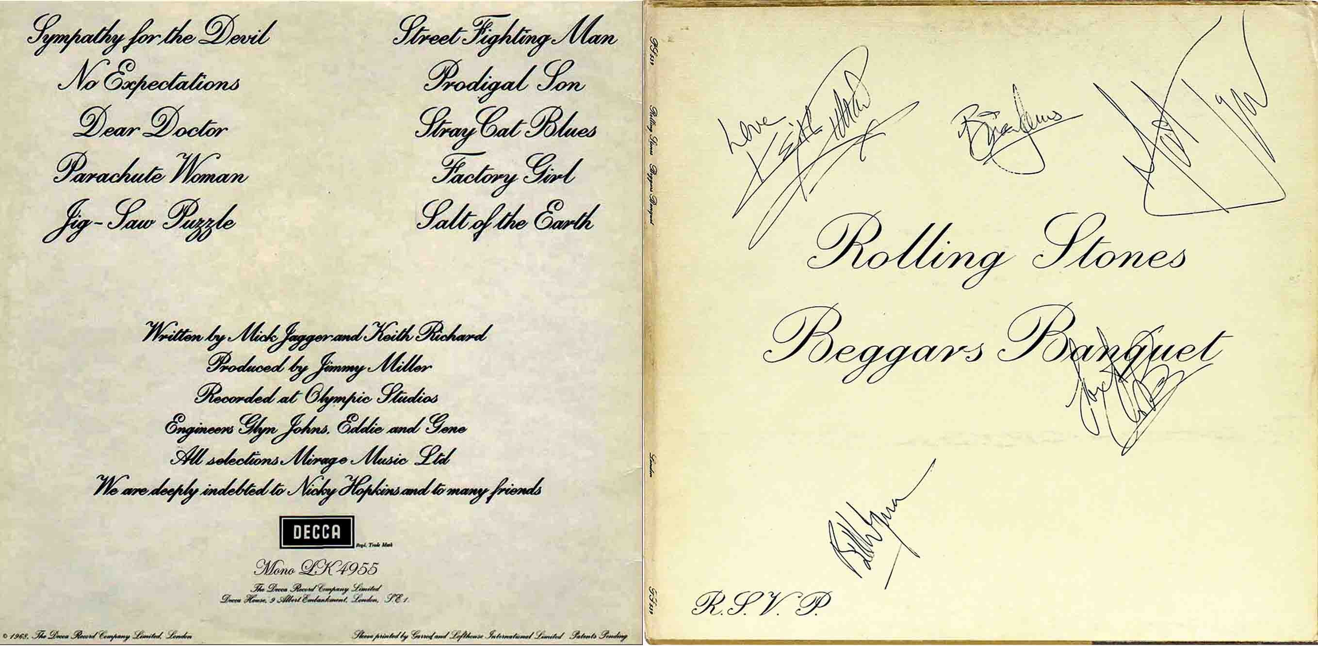 The Rolling Stones 'signed' Rare Replica Beggars Banquet Album Cover ...