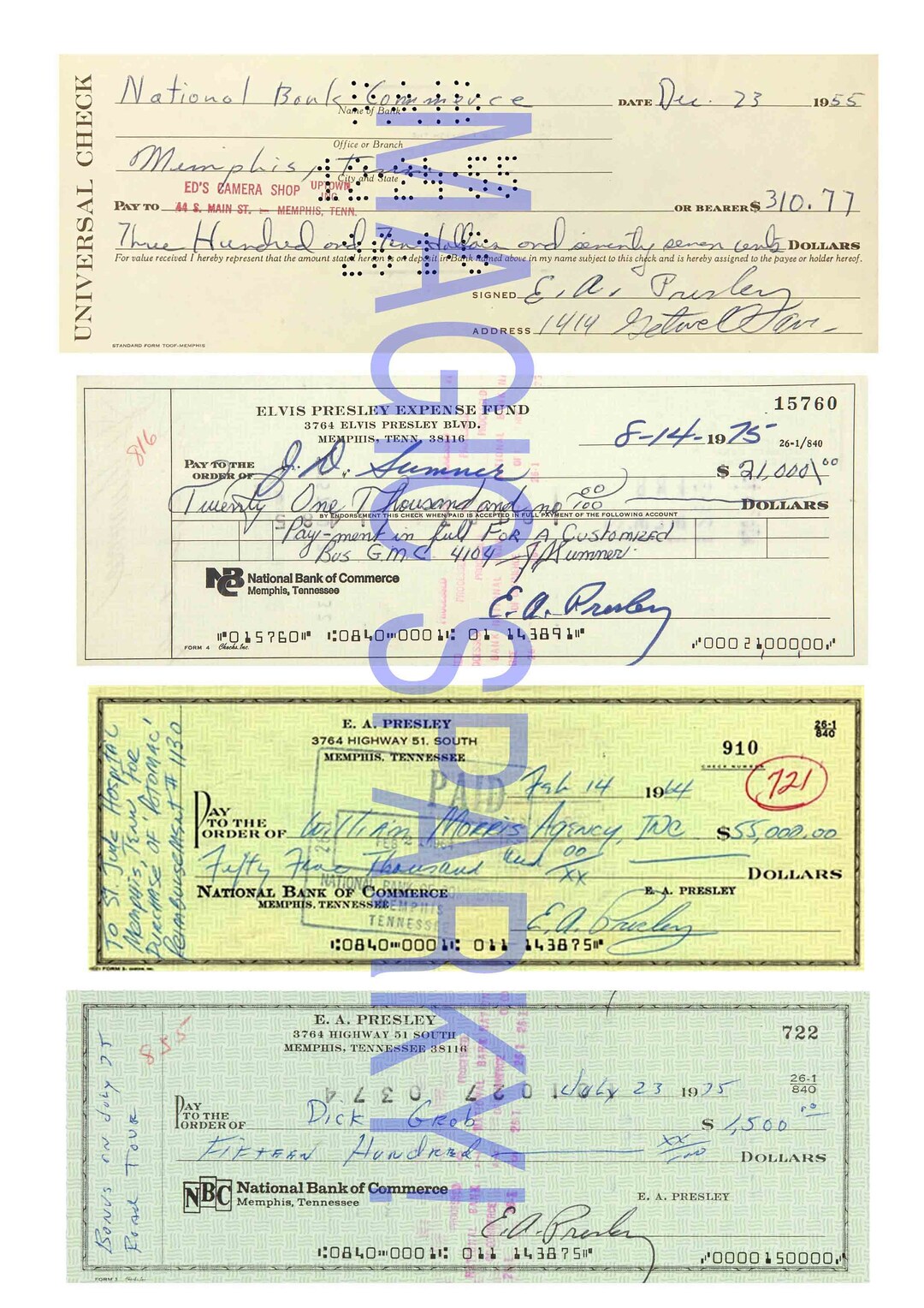 Elvis Presley 4 X Signed Check's Cheques 1977 1975 1964 1975 New Prints ...