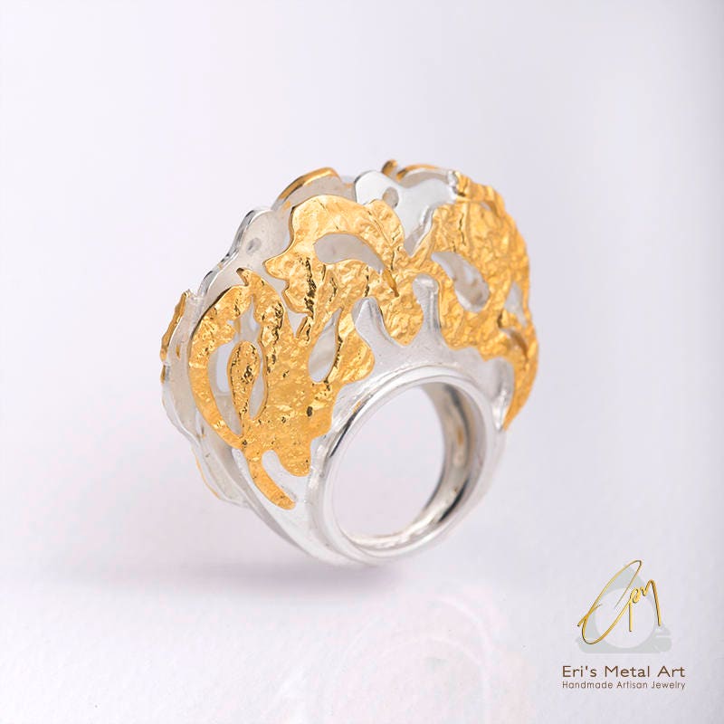 Handcrafted Orchid Crown Ring, Two Tone Silver Ring, Gold Plated Silver ...