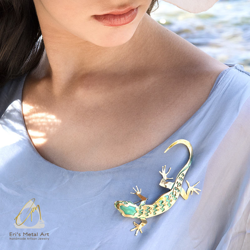 Handcrafted Lizard Brooch, Green Blue Enamel Brooch, Statement Brooch ...