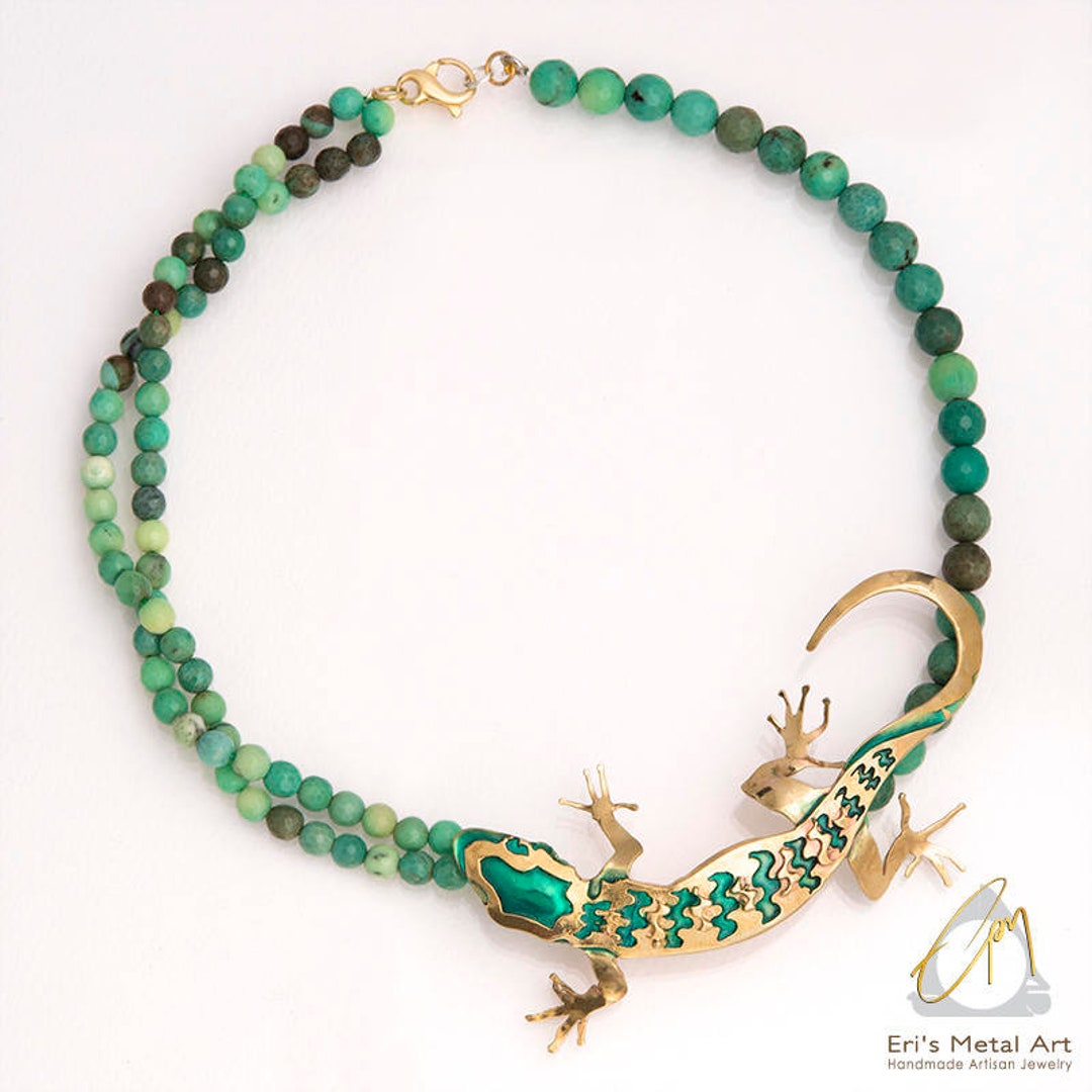 Hand Carved Brass Lizard Necklace, Green Agate Beaded Necklace, Short ...