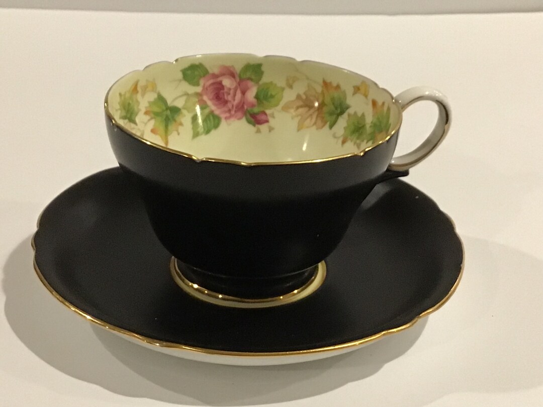 Shelley Royalty Tea Cup and Saucer, Black With Pink Roses and Green Ivy ...