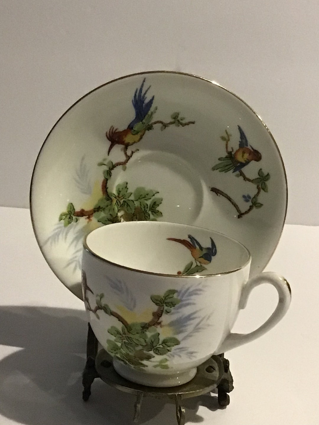 Made in USA Tea Cup and Saucer Bone China Colorful Birds - Etsy