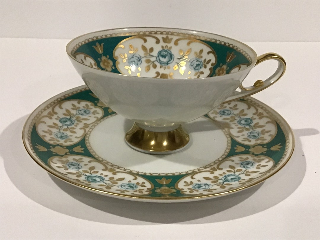 Kaiser Porcelain Tea Cup and Saucer, Green and Gold Design - Etsy